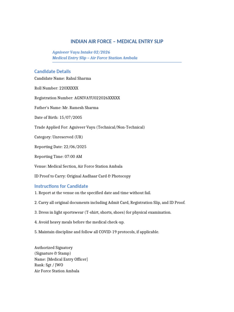 Agniveer Vayu Medical Entry Slip Ambala | PDF