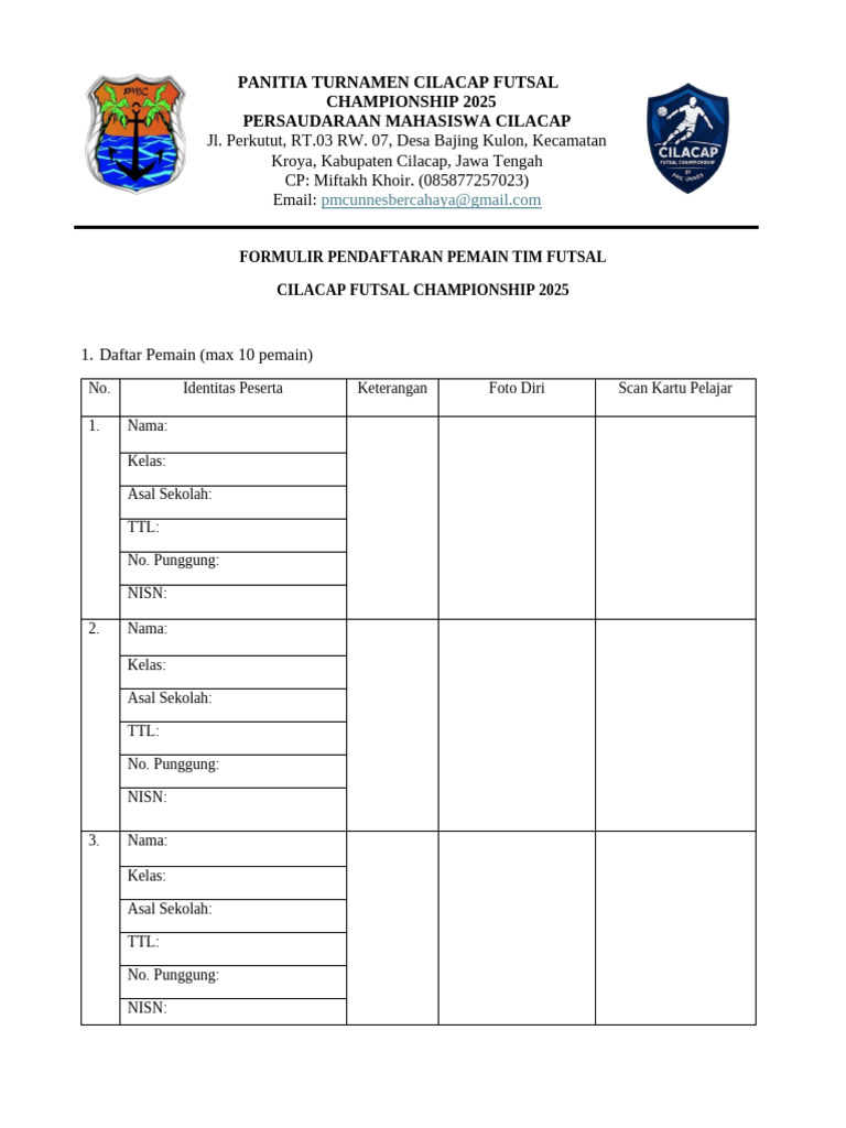 Formulir Pendaftaran Pemain Tim Futsal - Fix | PDF