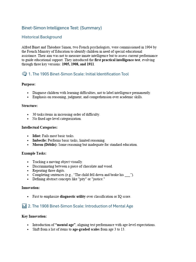 Binet - Simon Intelligence Test (Summary) | PDF | Intelligence Quotient ...