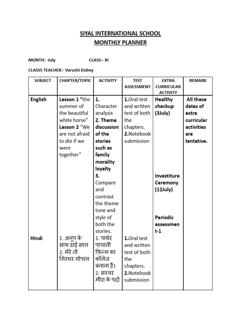 Mothly - Planner Class Xi | PDF