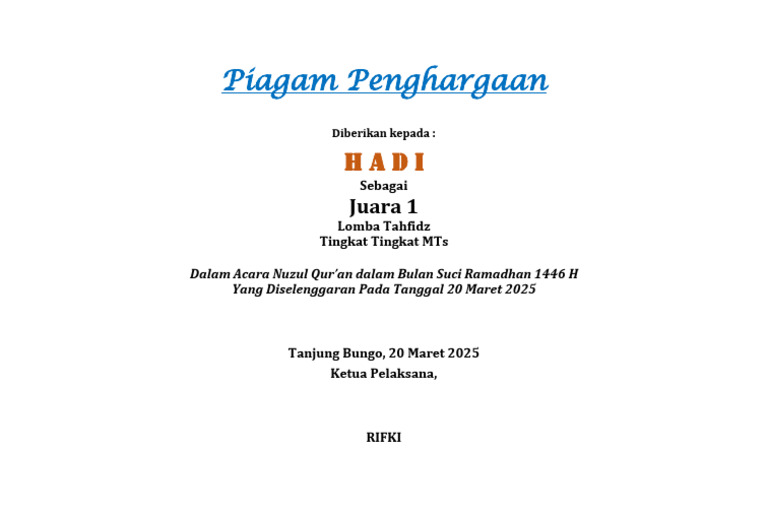 Piagam Lomba Tahfidz | PDF