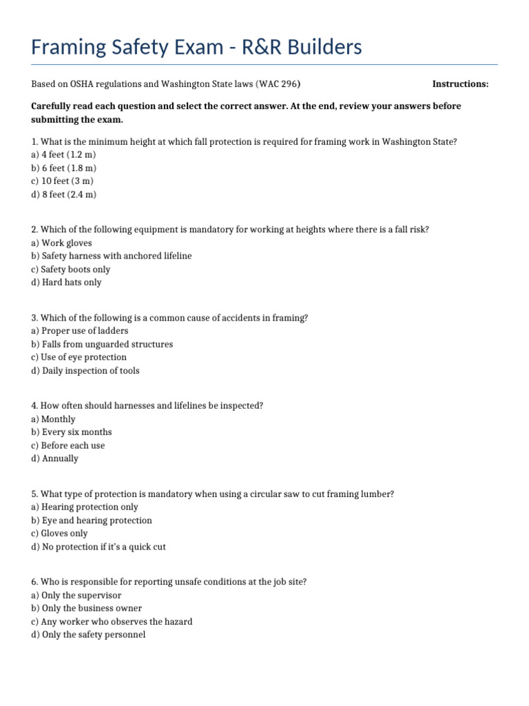 Framing Safety Exam RR Builders EN | PDF | Occupational Safety And ...