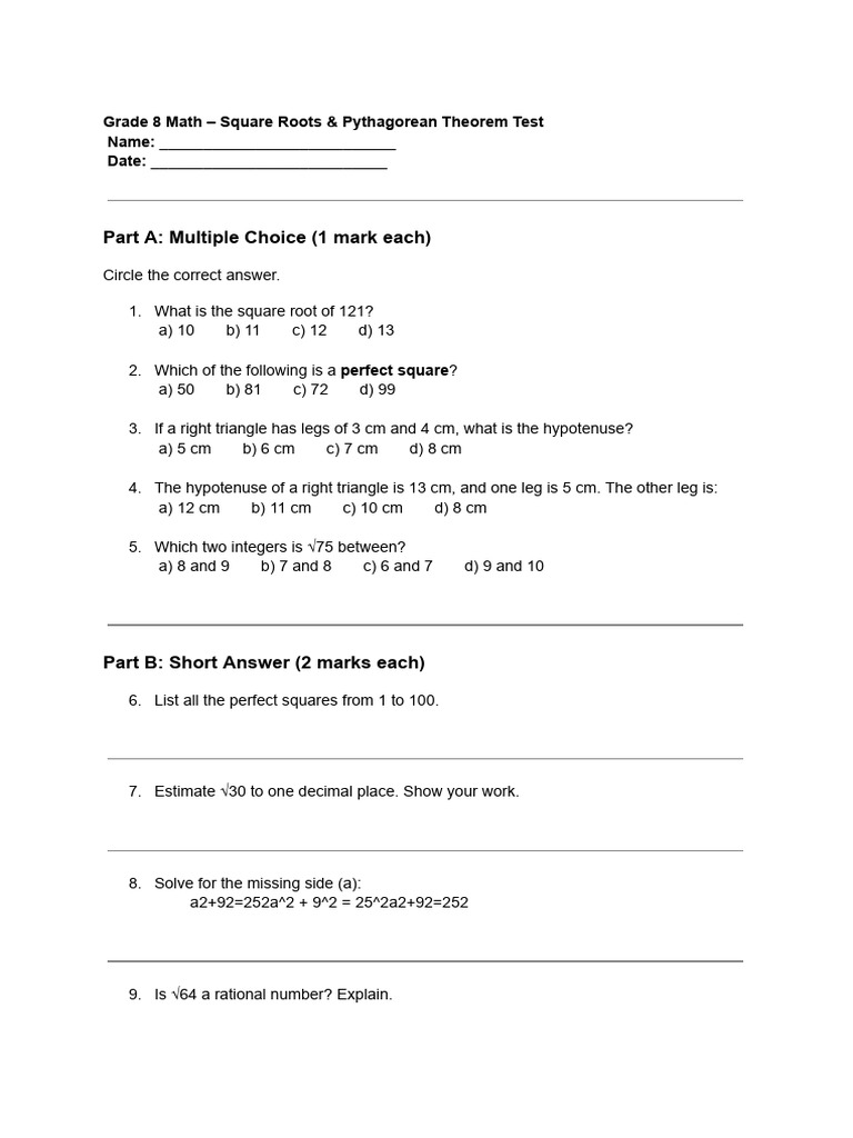 Grade 8 Math - Square Roots & Pythagorean Theorem Test | PDF