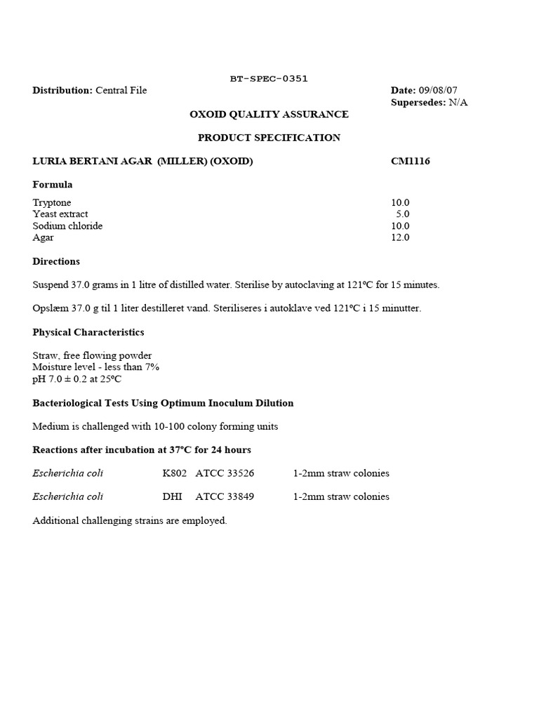 Luria Bertani Agar Product Specs | PDF