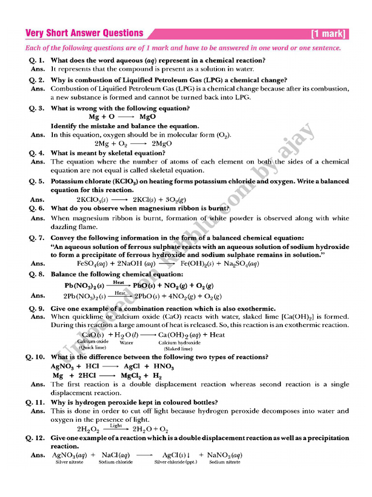 Chemical Reactions and Equation Class 10 Important Questions With ...