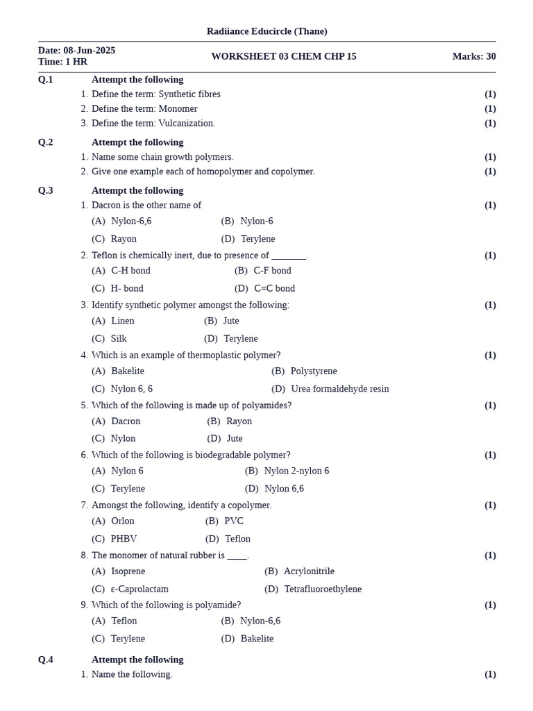Worksheet 04 Chem CHP 15 Qs | PDF | Polymers | Nylon