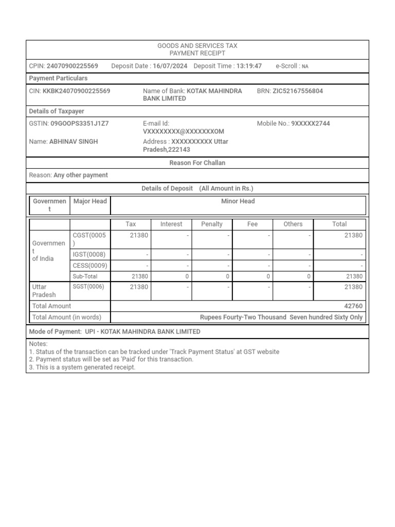 GST Payment Receipt for Abhinav Singh | PDF