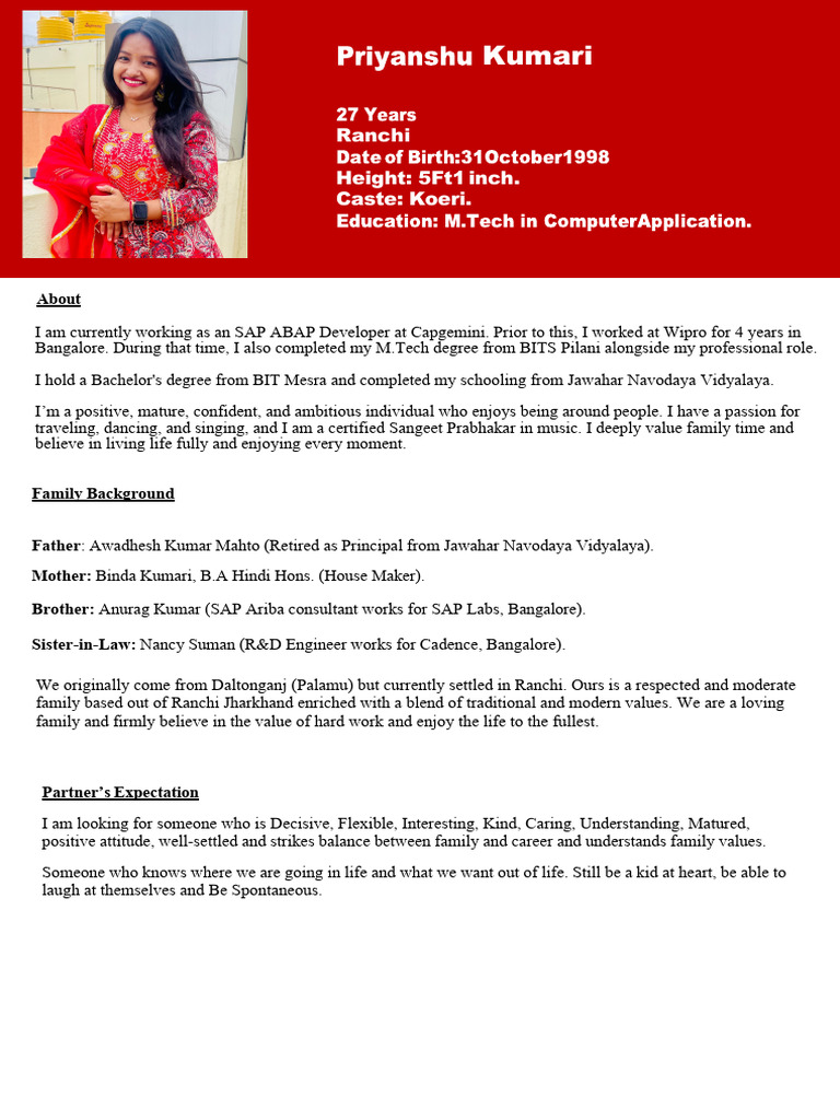 Priyanshu Biodata Ranchi Akm | PDF