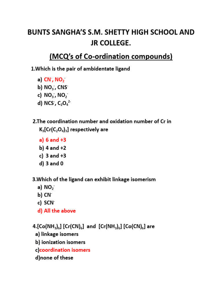 MCQ's Coordination Compounds | PDF | Coordination Complex | Isomer