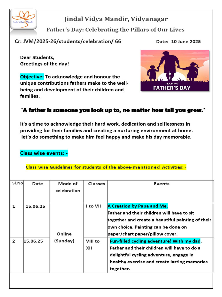Cir 66 Fathers Day Celebration Activities To Grade I To XII | PDF ...