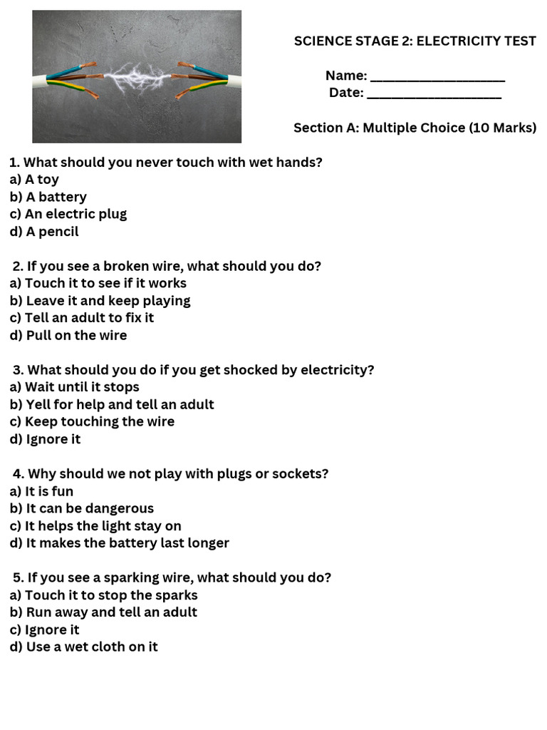 SCIENCE STAGE 2 ELECTRICITY TEST Name Date Section A Multiple Choice ...