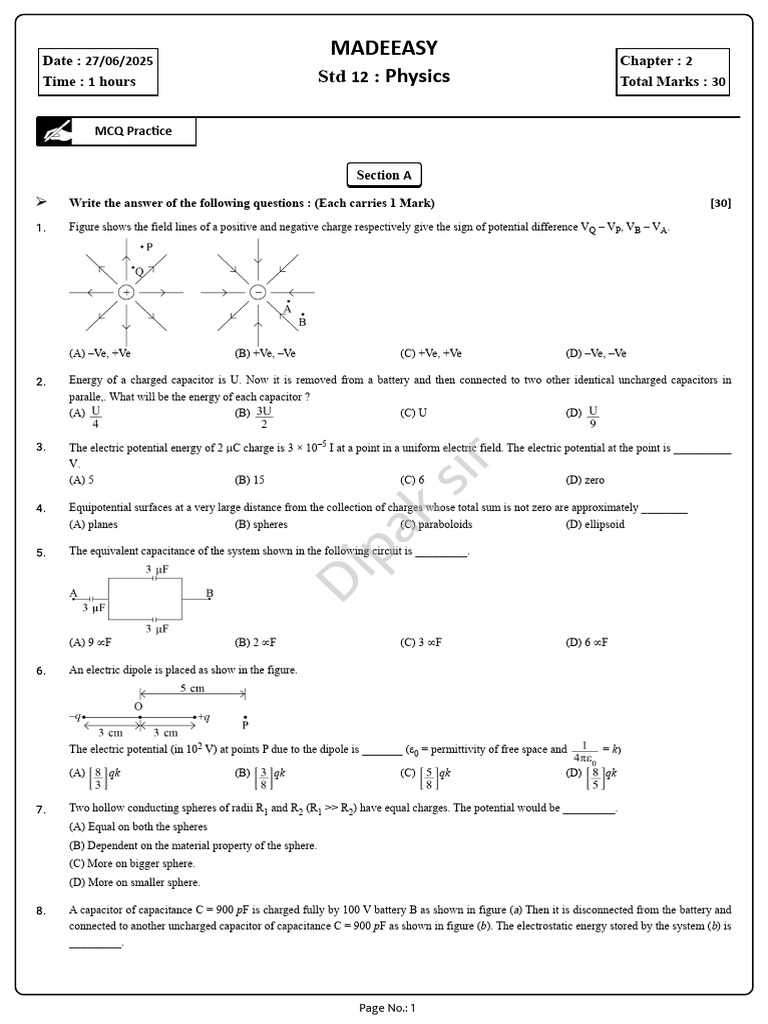 MCQ Practice 1751039485 | PDF | Capacitance | Capacitor