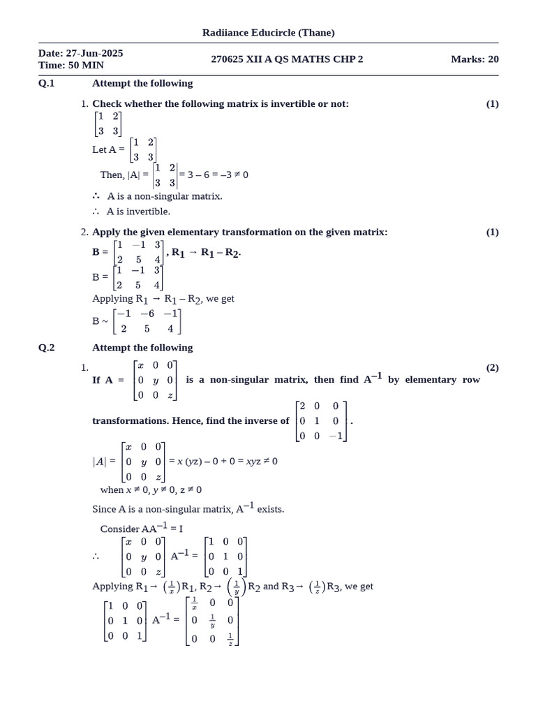 A Ans Xii Maths Matrices | PDF | Matrix (Mathematics) | Operator Theory
