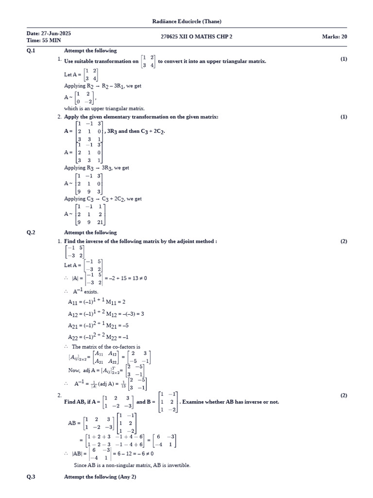 o Ans Xii Maths Matrices | PDF | Functions And Mappings | Mathematical Physics