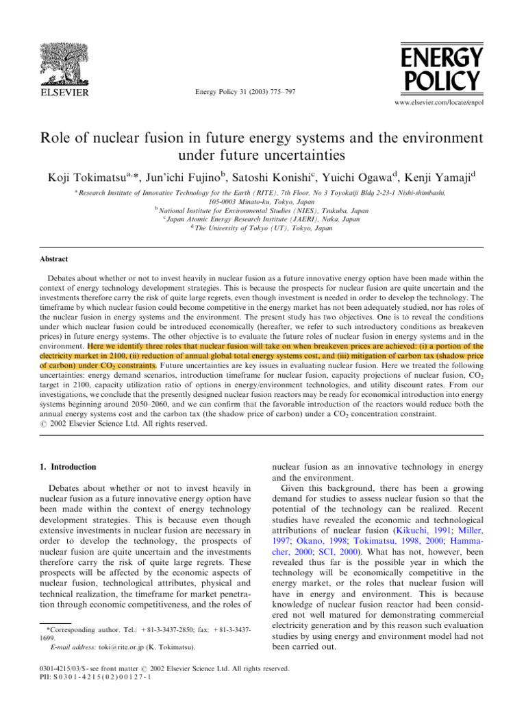 Role of Nuclear Fusion in Future Energy Systems and The Environment ...