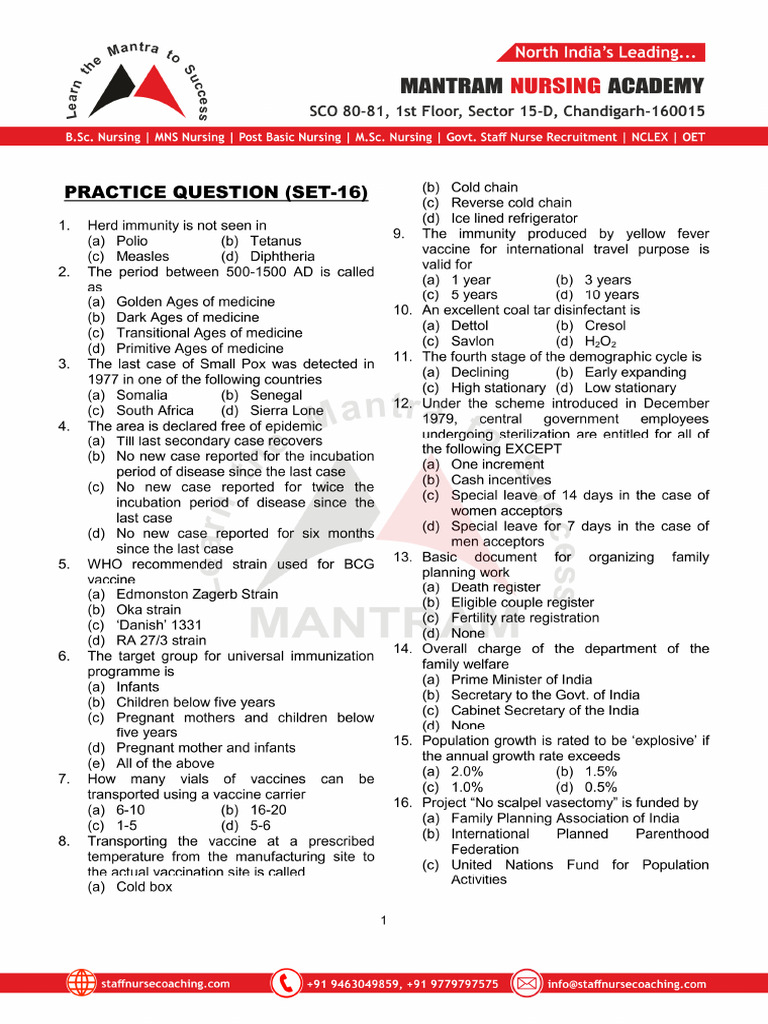 Practice Questions For Post Basic Nursing Entrance Exam Set 16 | PDF