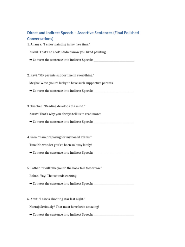 Final Assertive Indirect Speech Questions | PDF