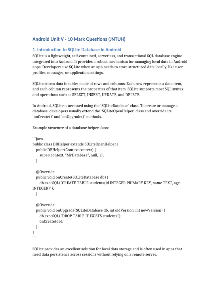 Android Unit V 10 Marks JNTUH | PDF | Databases | Information Retrieval