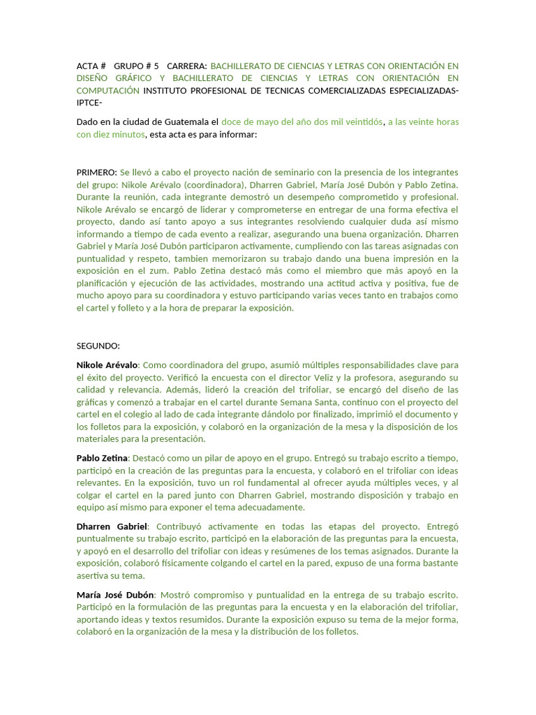 MODELO DE ACTAS Grupo 5 | PDF