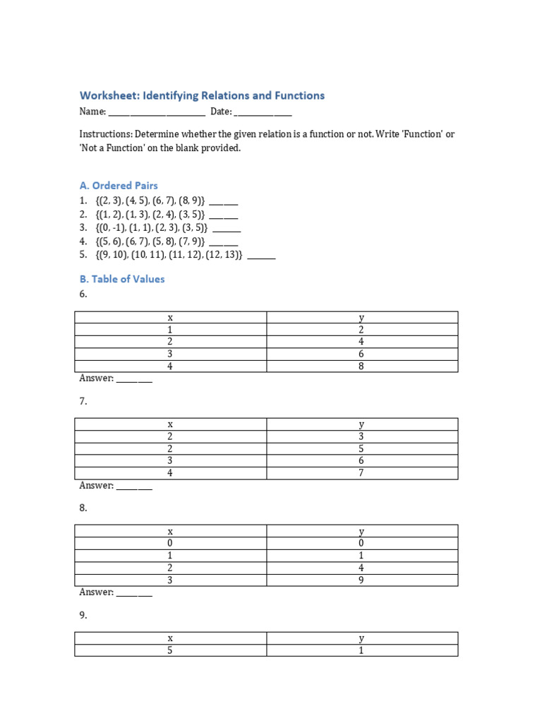 Relations and Functions Worksheet MDL | PDF