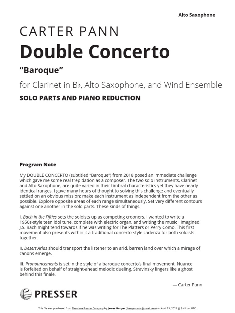 Pann, Carter - Double Concerto Baroque (Saxophone) | PDF | Classical Music | Orchestras