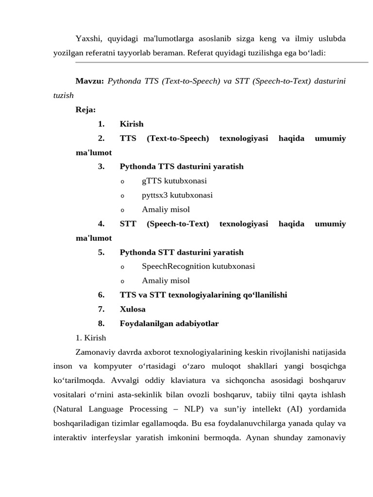 Pythonda TTS (Text-to-Speech) Va STT (Speech-to-Text) Dasturini Tuzish ...