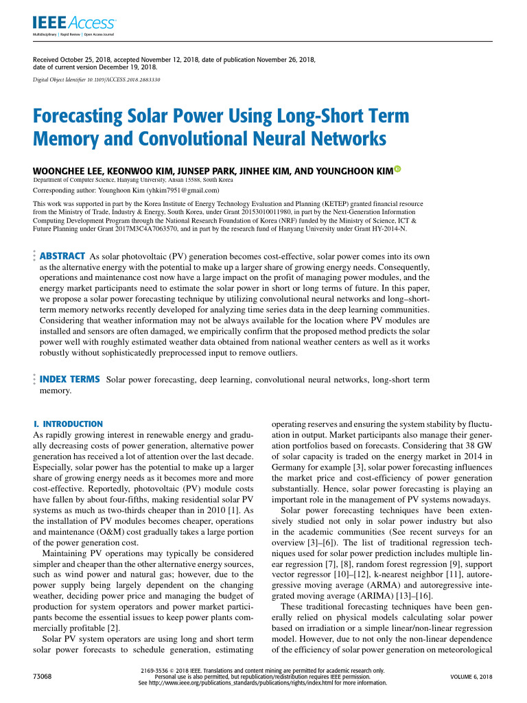Forecasting Solar Power Using Long-Short Term Memory and Convolutional Neural Networks | PDF ...