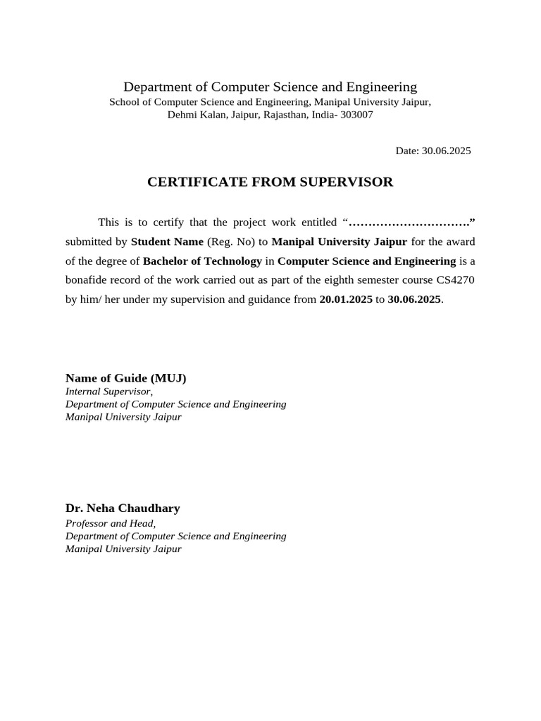 Certificate From Supervisor (MUJ) | PDF