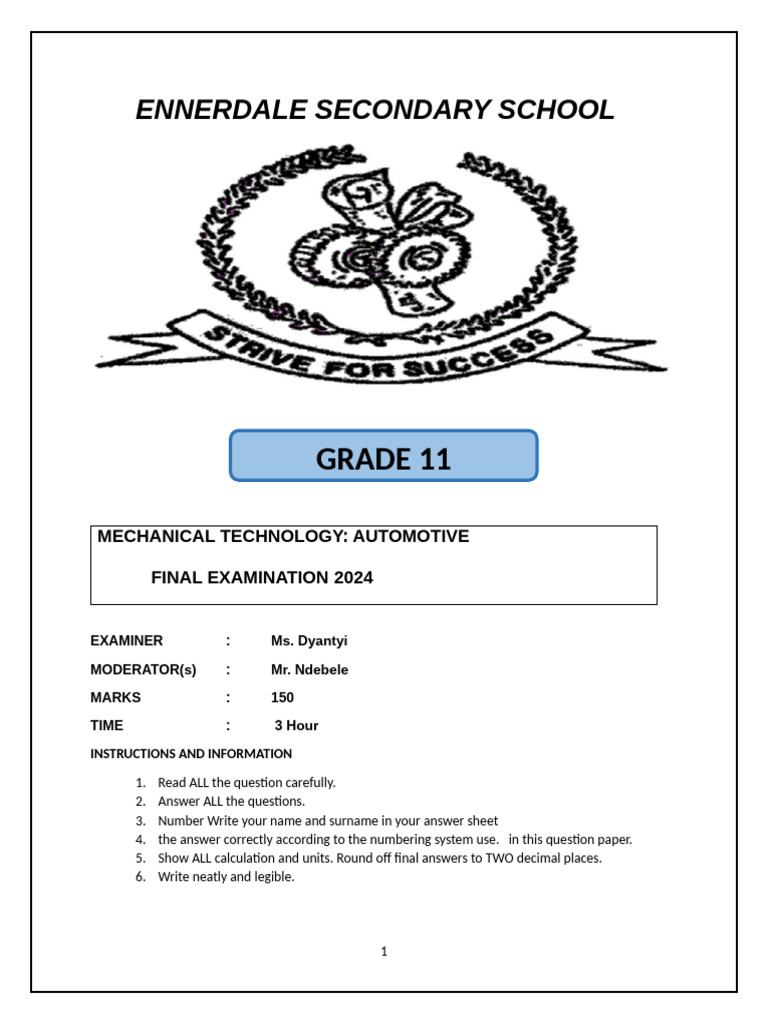 Grade 11 Automotive Exam Paper 2024 | PDF | Grinding (Abrasive Cutting ...