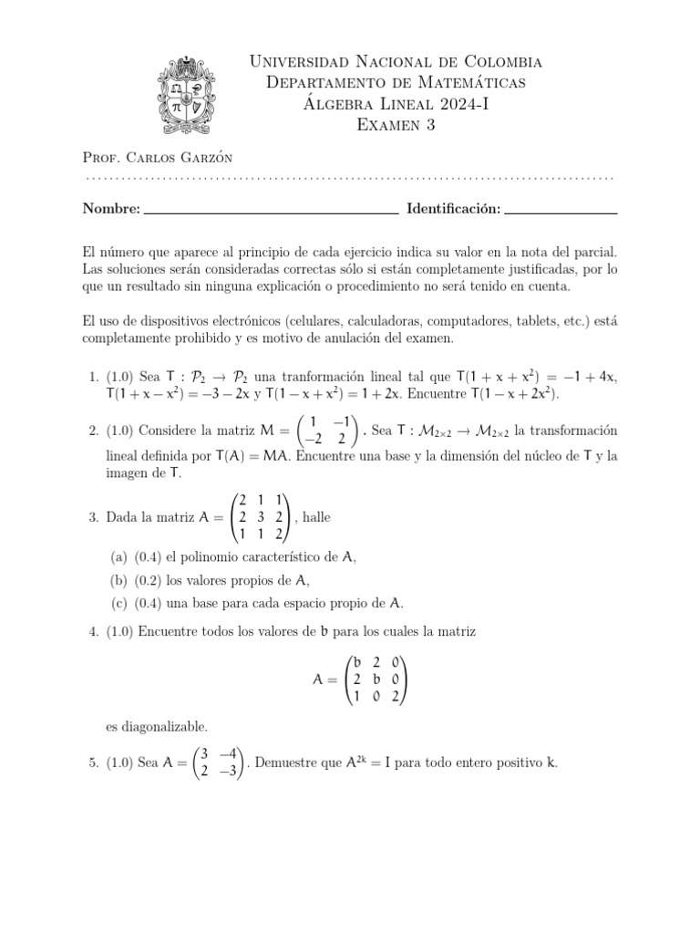 Examen de Álgebra Lineal 2024-I | PDF