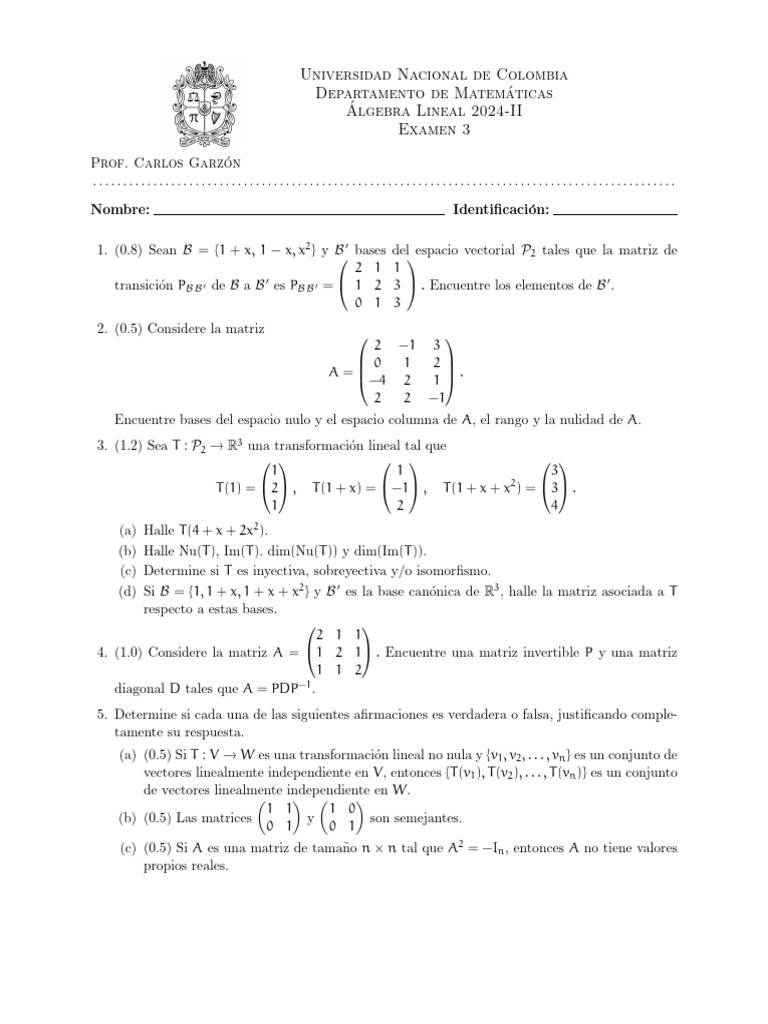 Parcial 3 Álgebra Lineal 2024 2S | PDF | Mapa lineal | Matriz (Matemáticas)