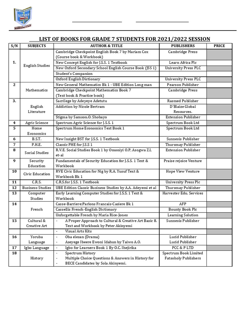 Grade 7-9 Book List for 2021/2022 | PDF