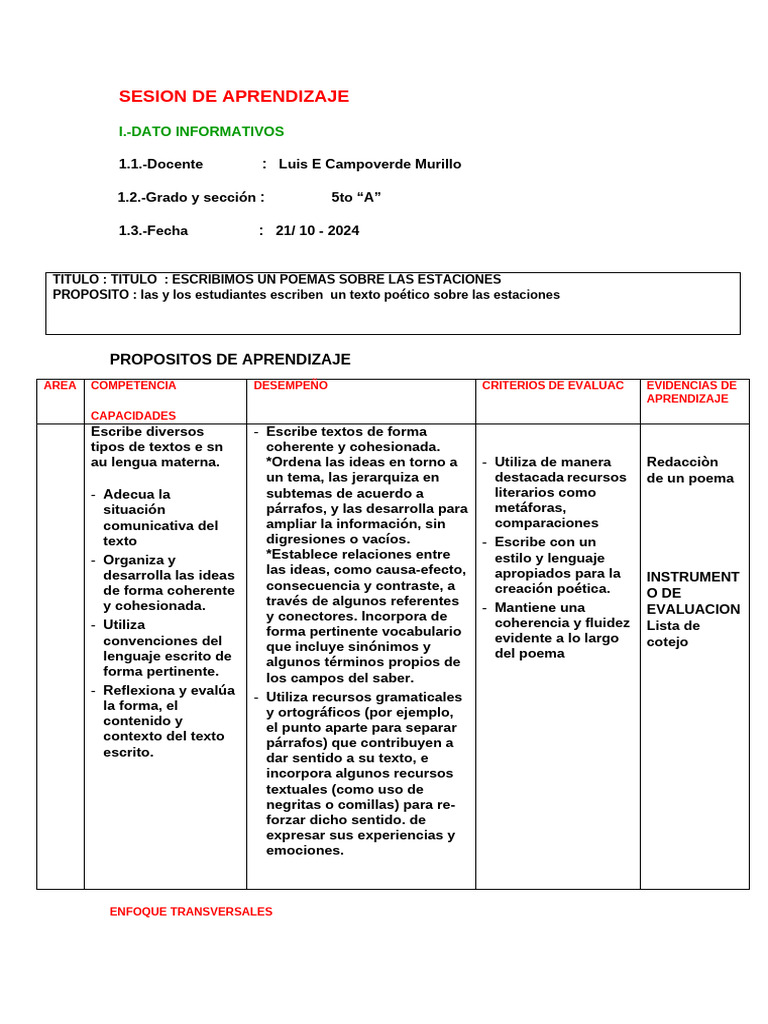 Actividad de Comunicacion Escribimos Un Poema Sobre Las Estaciones Luis ...