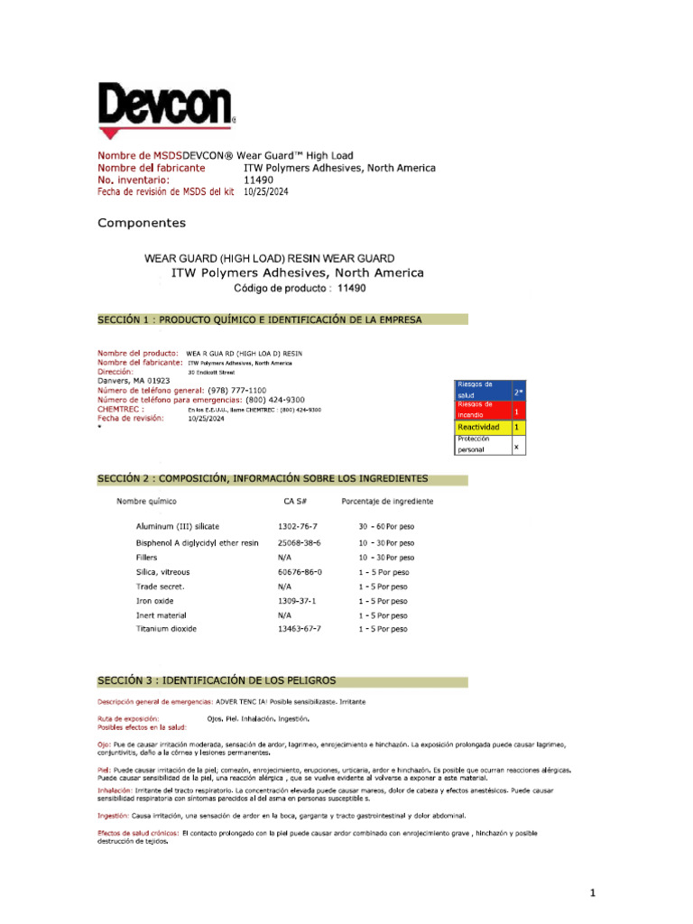Devcon Wear Guard High Load (11490) Resina | PDF