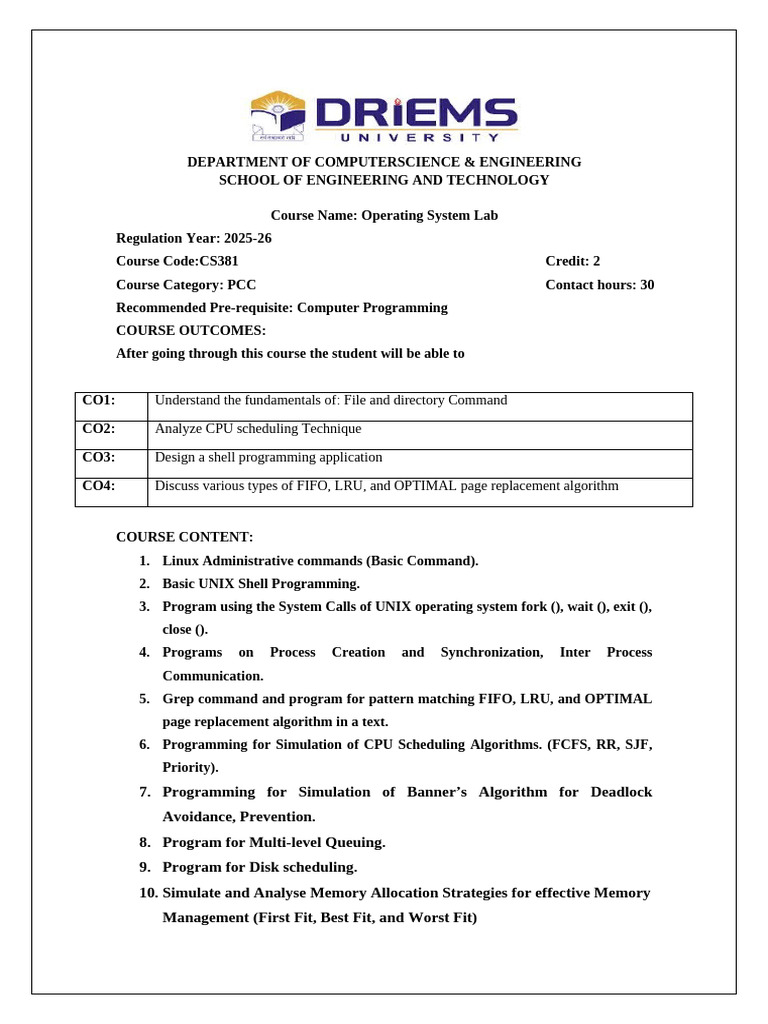 Operating System Lab Syllabu | PDF | Operating System | Scheduling ...