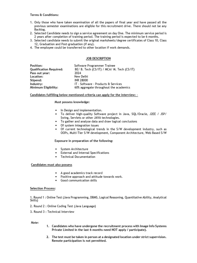 JD - Software Programmer Trainee | PDF | Java (Programming Language) | Recruitment