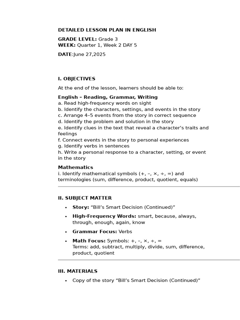 Bill's Smart Decision Lesson Plan | PDF | Mathematics | English Language