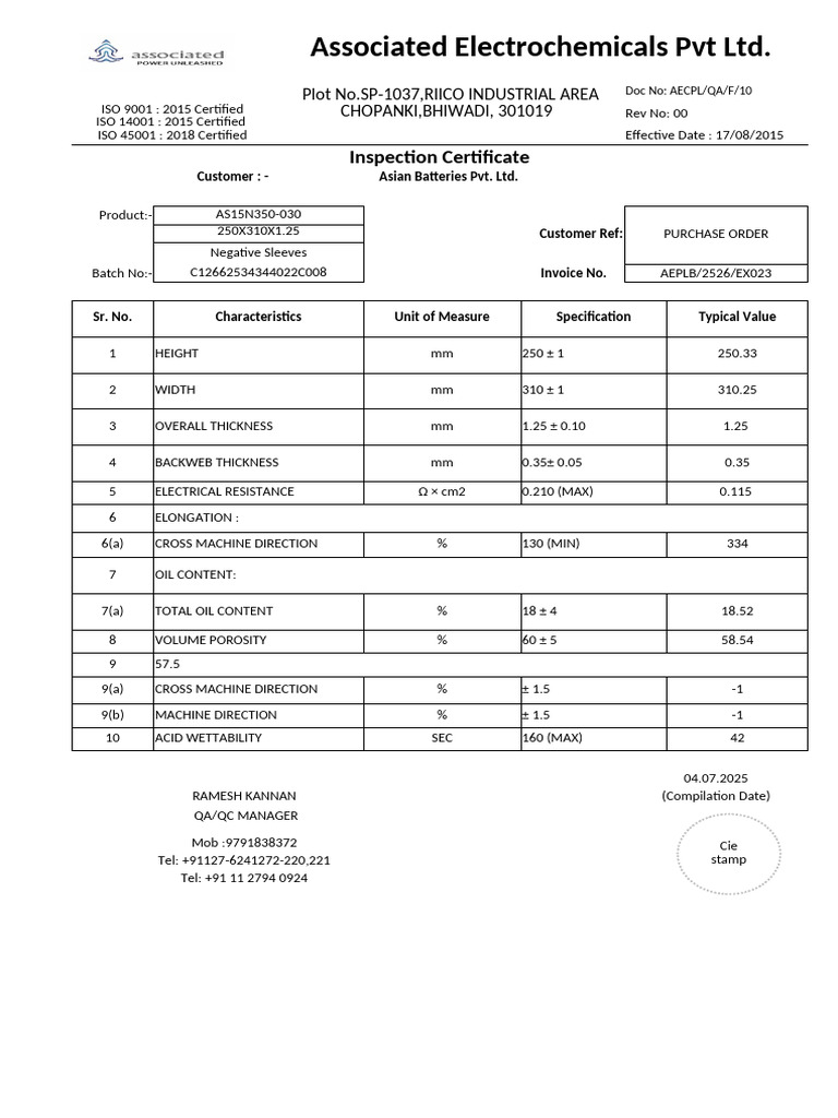 Asian Batteries Pvt. Ltd. 250X310X1.25 DATE 04.07.2025 | PDF | Electricity