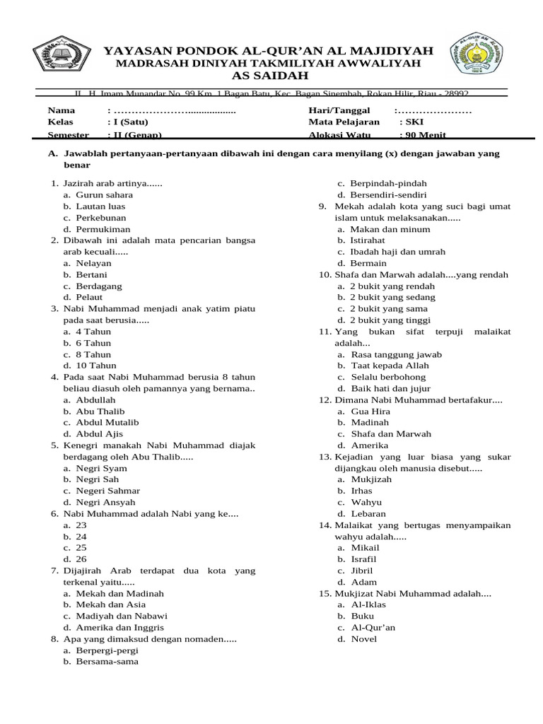 Soal SKI Kelas 1 Madrasah Diniyah | PDF