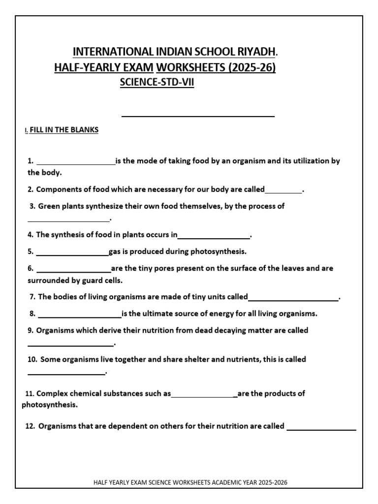 Gr.7 Half Yearly Worksheet-2025-26 | PDF | Digestion | Foods