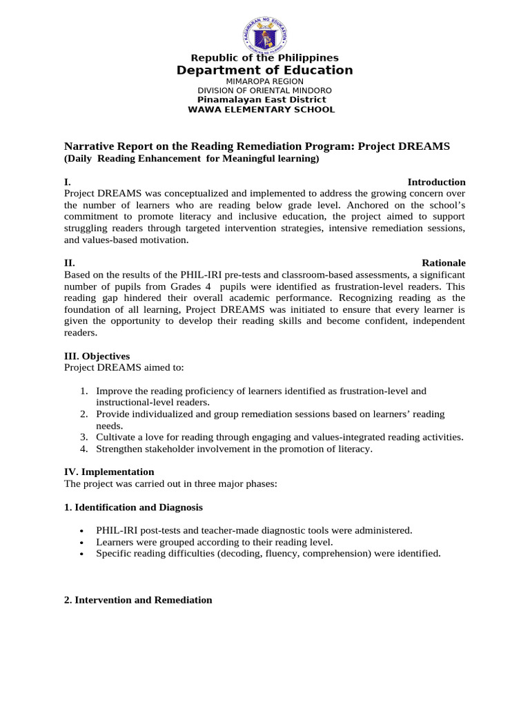Narrative Report On The Reading Remediation Program | PDF | Reading ...