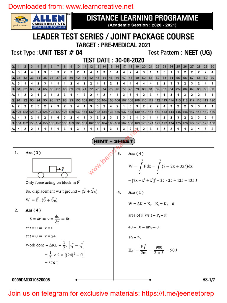 Allen DLP 2020-21 Paper 4 Sol - Unlocked | PDF | Physics | Physical Phenomena