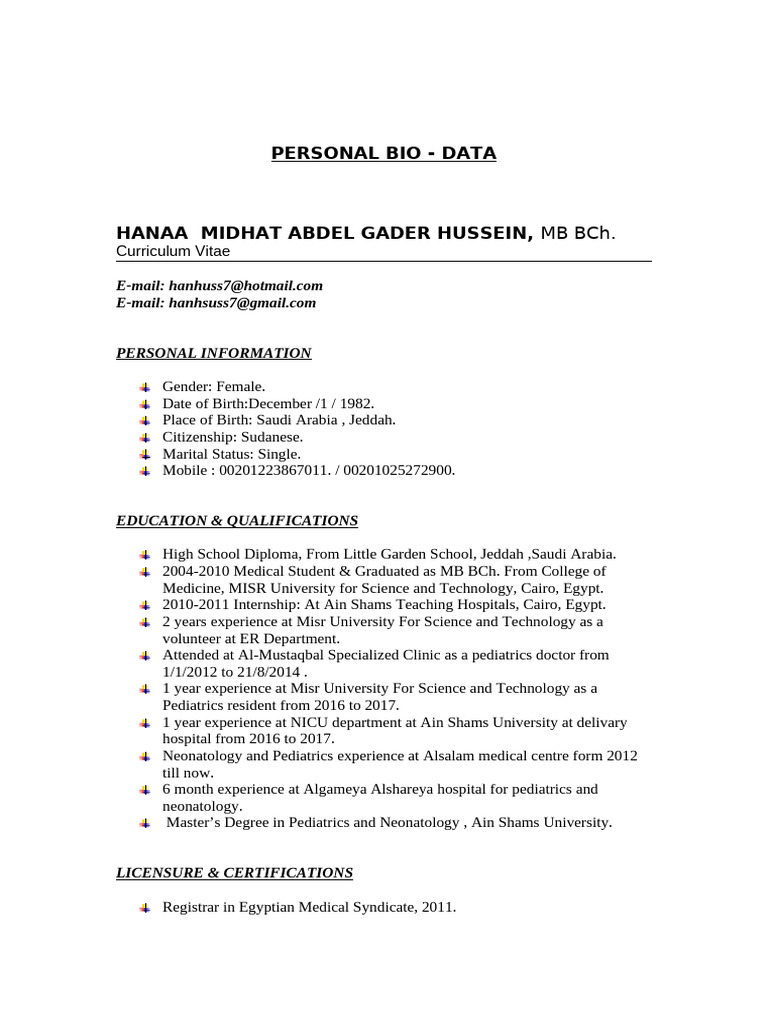 Pediatrician CV: Hanaa Midhat Abdel Gader | PDF | Thrombosis | Medical ...