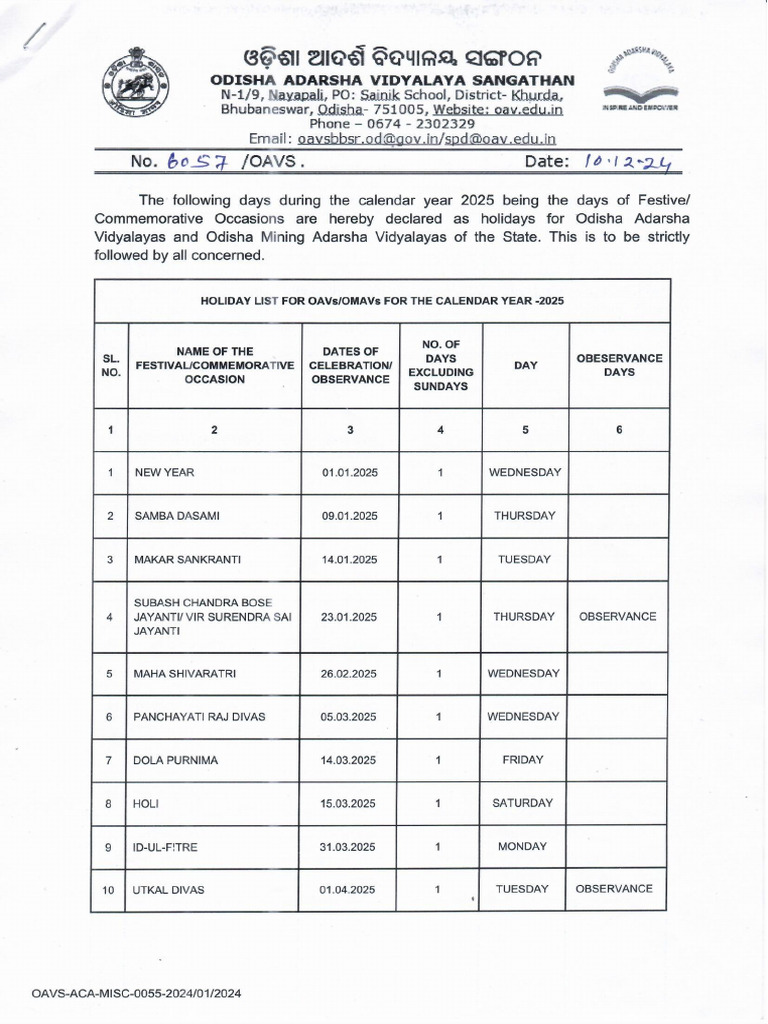 6057 Holiday List For OAVs and OMAVs For The Calendar Year 2025 | PDF