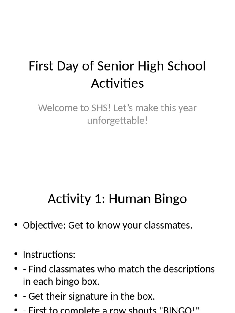 First Day SHS Activities | PDF