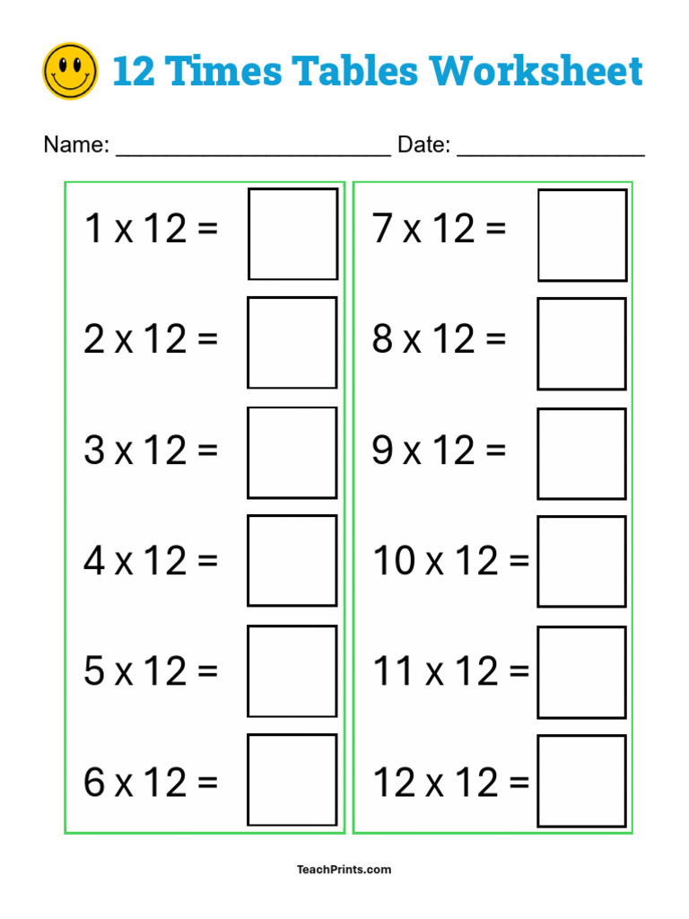12 Times Table Worksheet | PDF