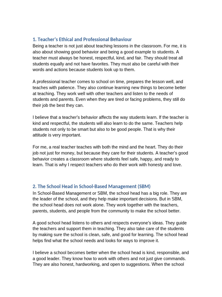 Teacher Ethics and School Leadership Guide | PDF | Teachers | Cognition