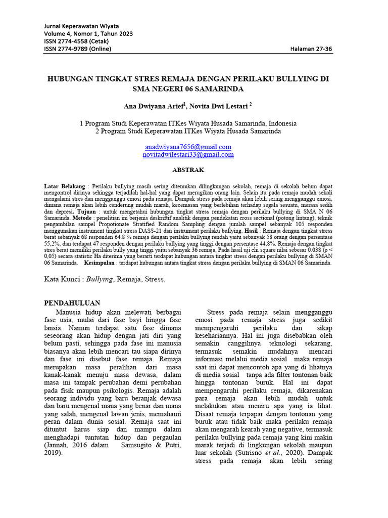Hubungan Tingkat Stres Remaja Dengan Perilaku Bullying Di Sma Negeri 06 Samar | PDF