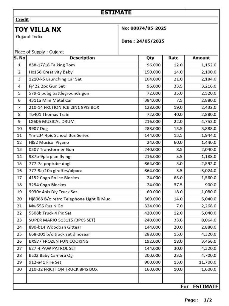 Toy Villa NX: Estimate | PDF