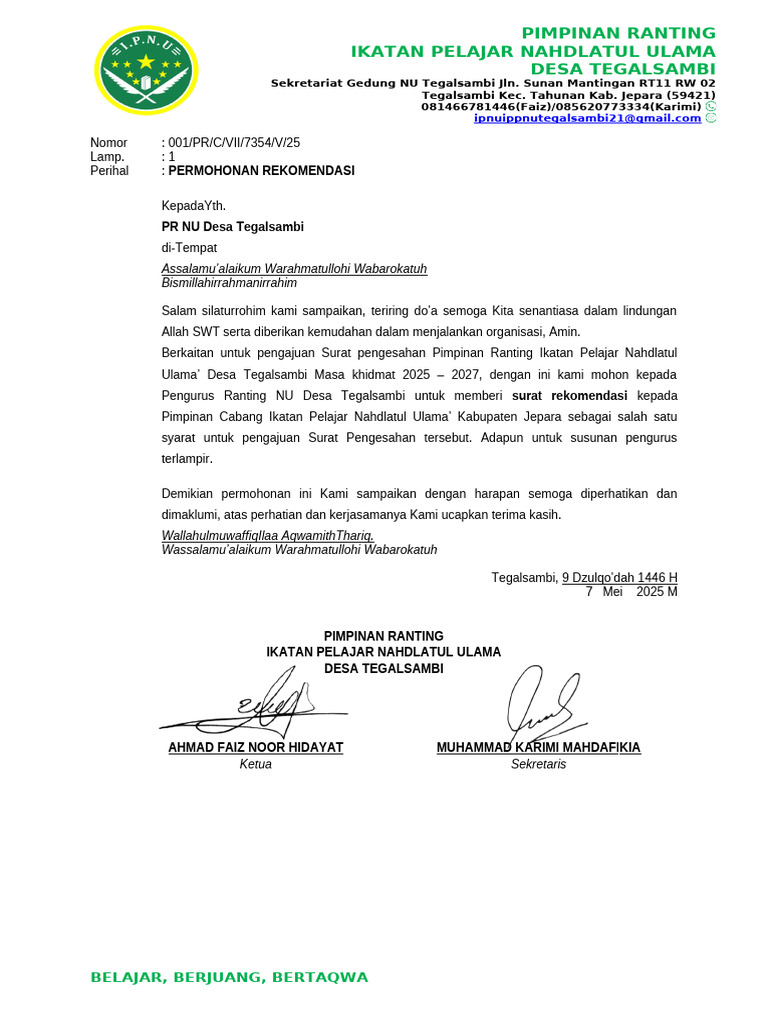 Rancangan Surat Rekomendasi Ipnu PR Nu | PDF
